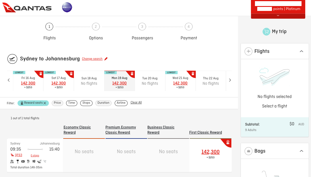 Reward Seat Alert: Qantas First Class to Johannesburg