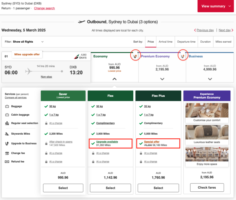 How to Upgrade Emirates Flights with Skywards Miles