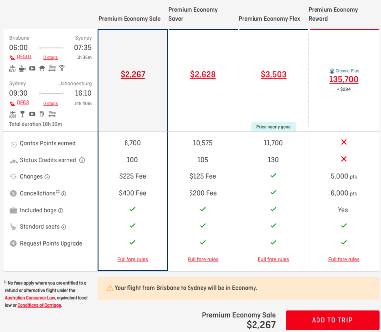 List of Qantas Routes with Premium Economy
